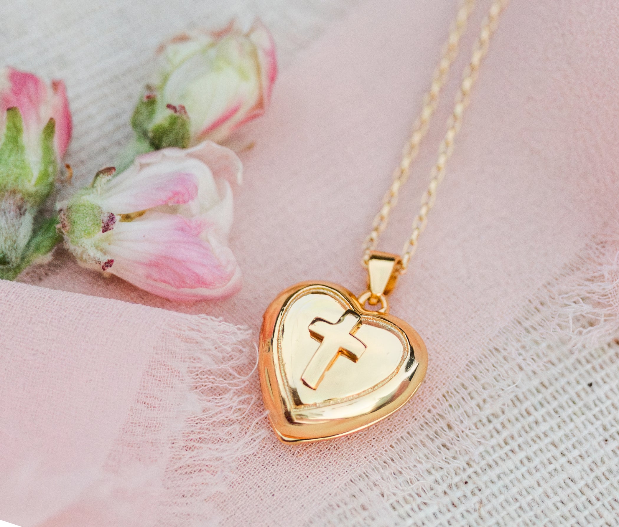 Children's 14k Gold Plated Heart Locket with Cross - First Communion ...